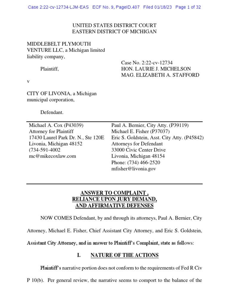 Livonia Response To Schostak | PDF | Complaint | Lawsuit