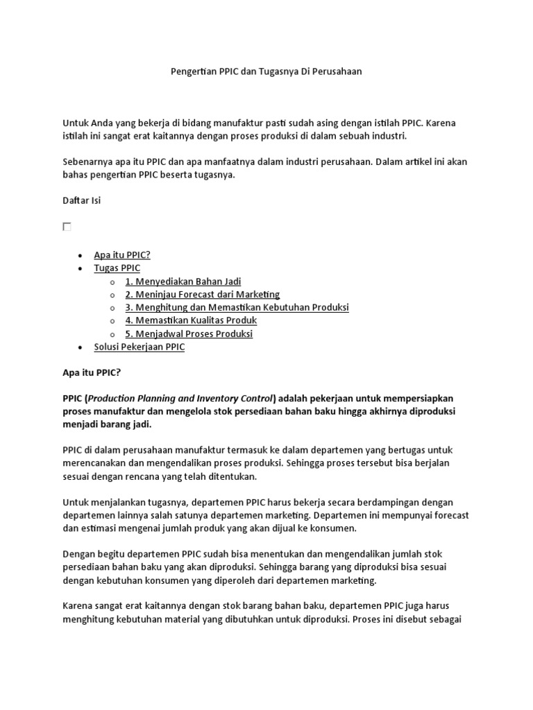 Pengertian PPIC Dan Tugasnya Di Perusahaan | PDF