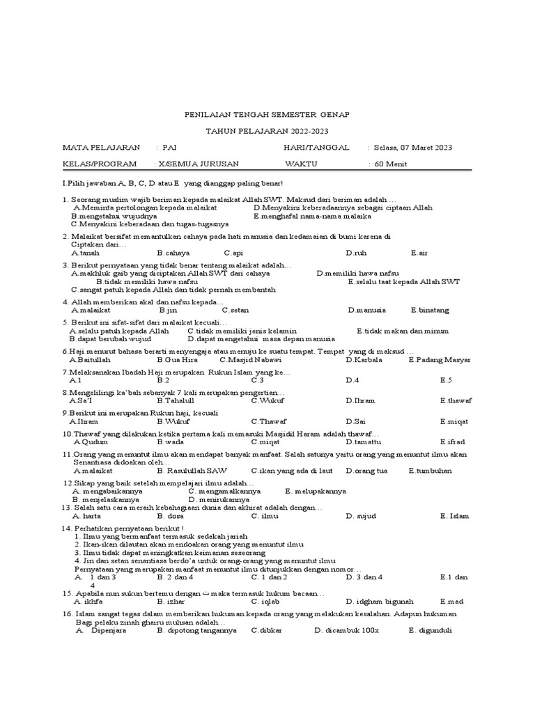 Soal Pai Pts Genap X | PDF