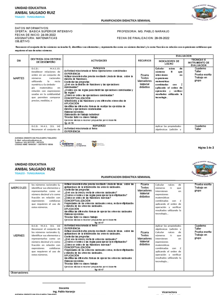 Planificacion Semanal BASICA #20 | PDF | Número racional | Multiplicación