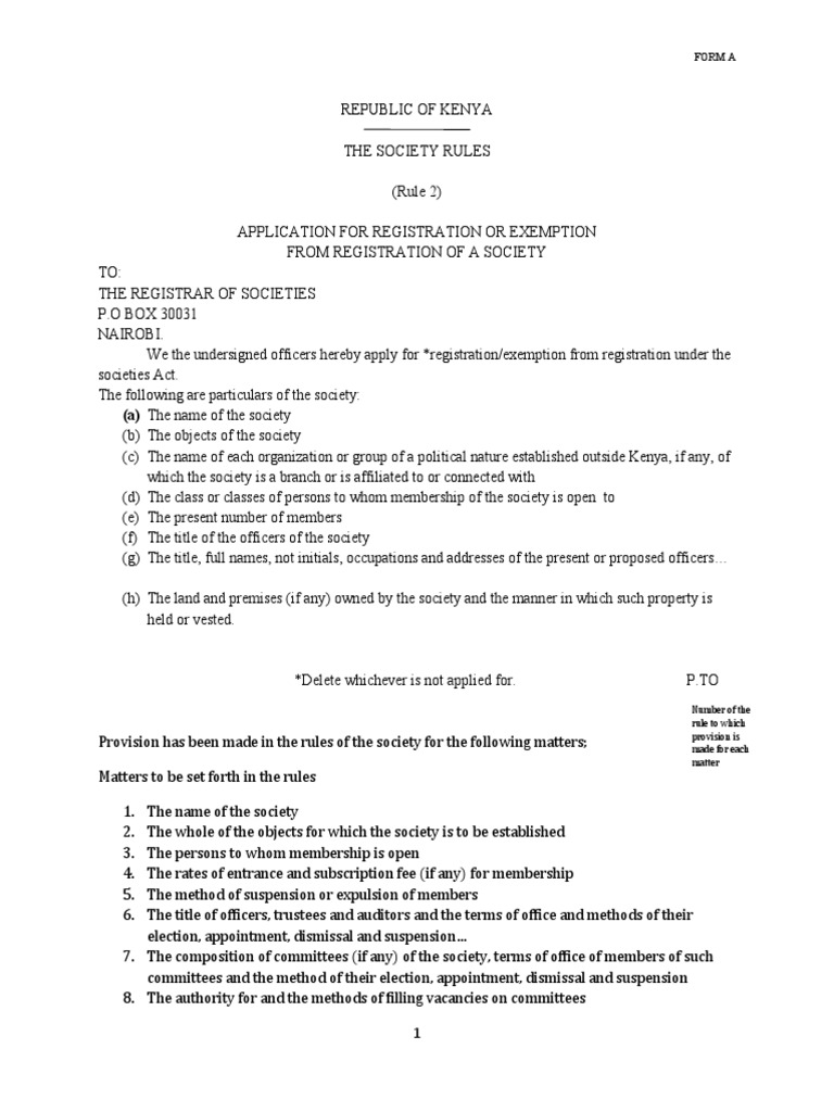 FORM A Application For Registration of A Society | PDF | Governance ...