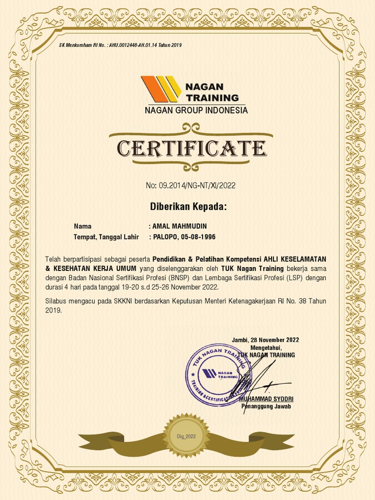 Sertifikat Ahli K3 Umum Nagan Training | PDF | Bisnis