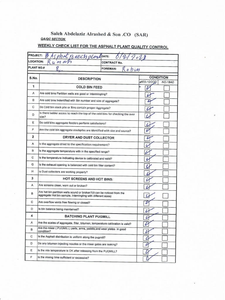 Batch Plant Inspection Check Lists | PDF