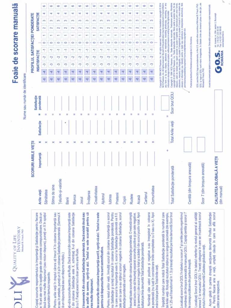 Quality of Life Inventory - Caiet Raspunsuri | PDF