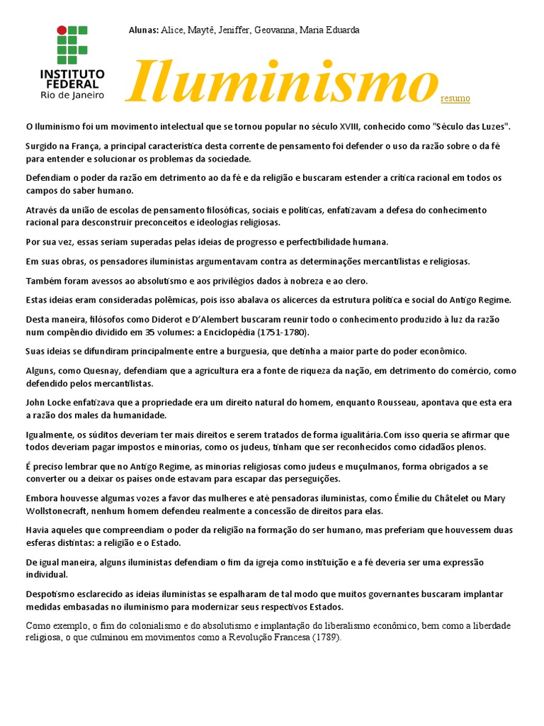 Resumo Iluminismo | PDF | Iluminismo | Movimentos filosóficos