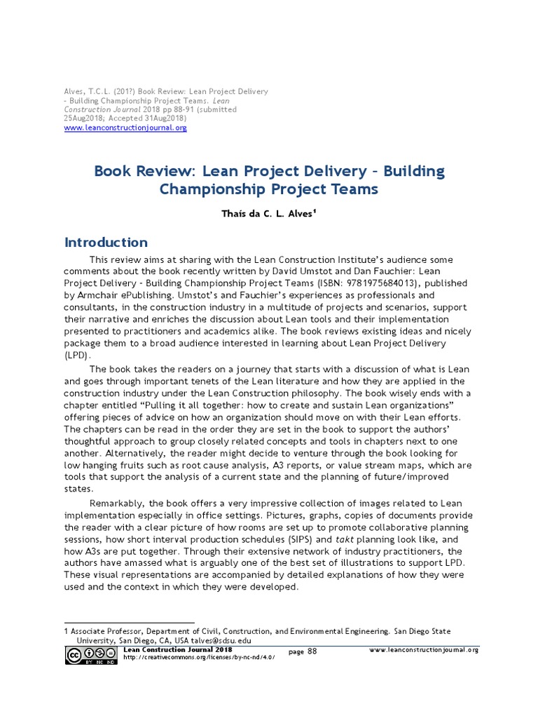 Book Review: Lean Project Delivery - Building Championship Project Teams | Download Free PDF | Books