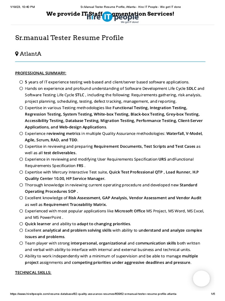 SR - Manual Tester Resume Profile, Atlanta - Hire IT People - We Get IT ...