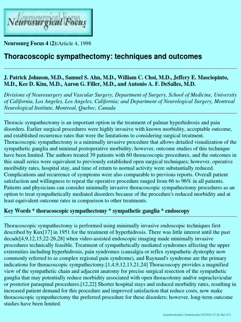 Thoracoscopic Sympathectomy Techniques and Outcomes | PDF | Surgery ...