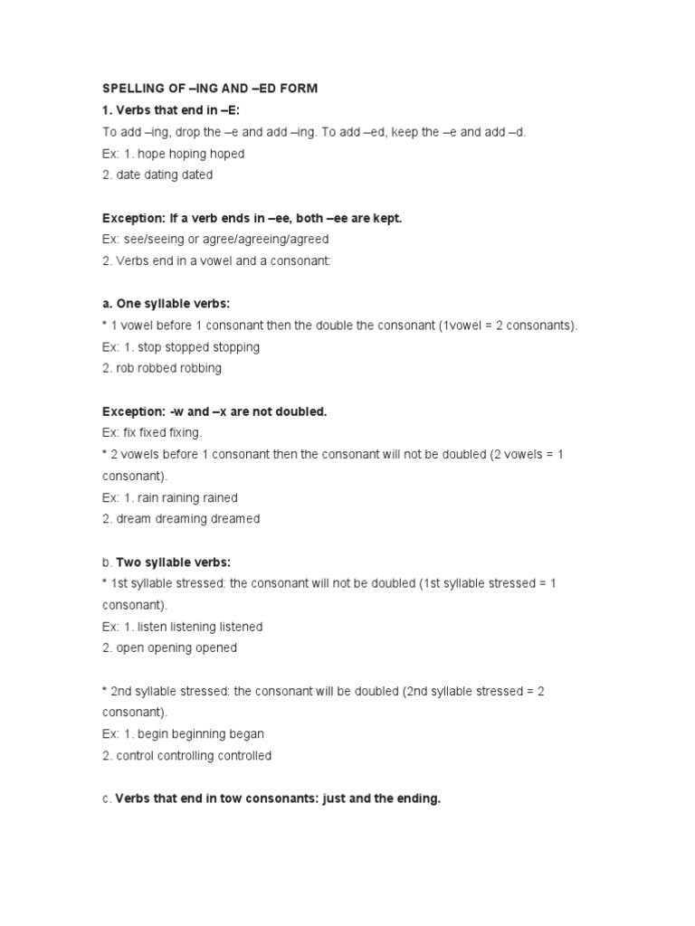 Spelling of - Ing and - Ed Form 1. Verbs That End in - E | PDF ...