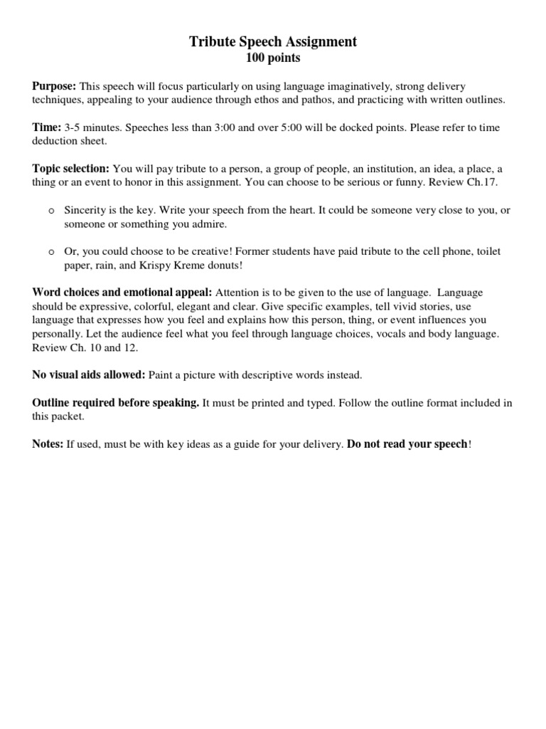 Tribute Speech Assignment | PDF | Communication | Cognitive Science
