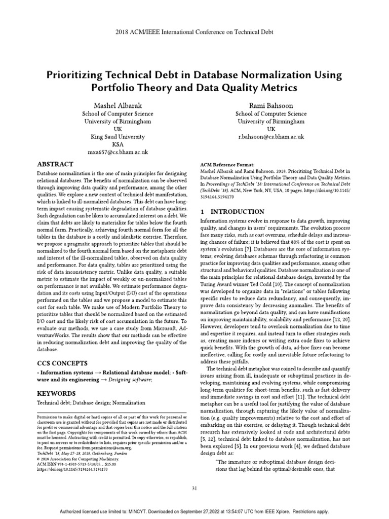 Prioritizing Technical Debt in Database Normalization Using Portfolio Theory and Data Quality ...