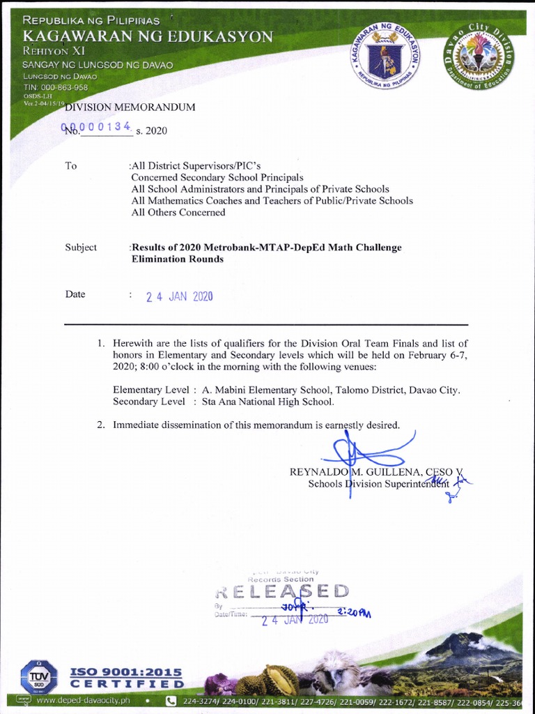 DAVAO CITY 2020-Dm No. 0134 - Results of 2020 Metrobank Mtap Deped Math ...