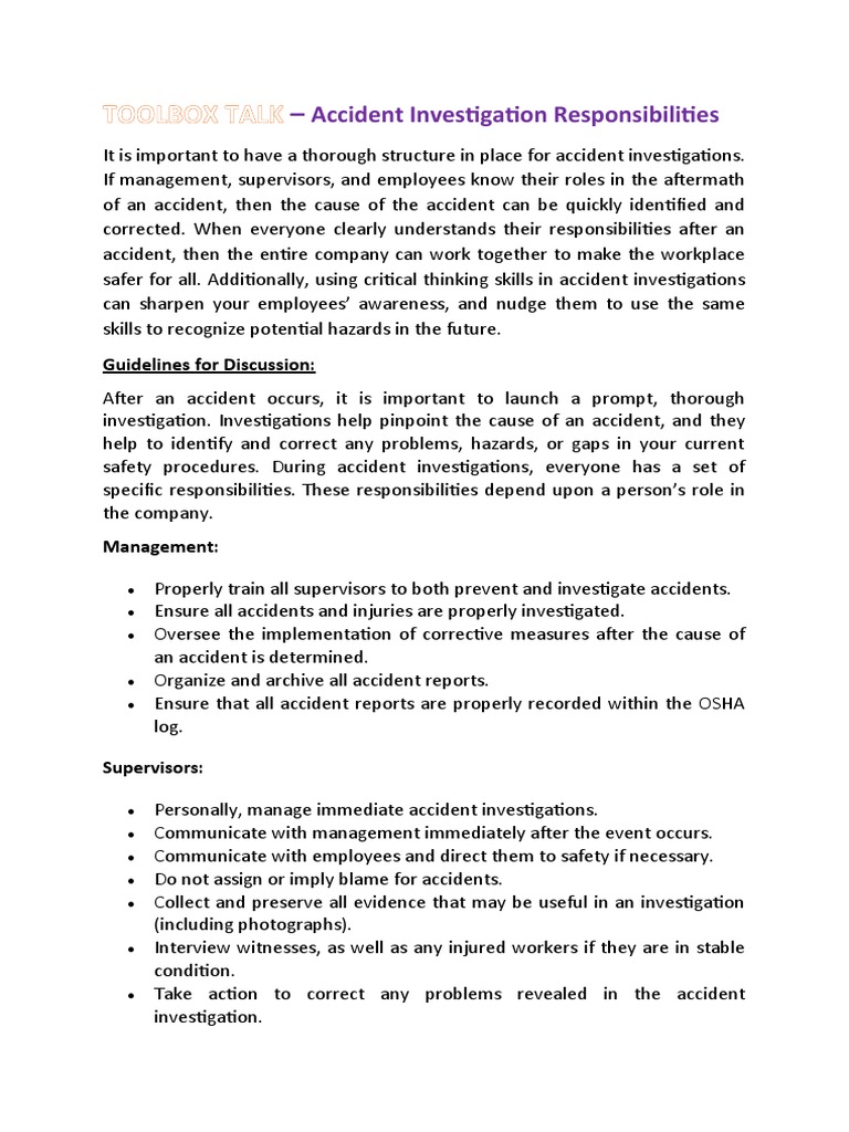 Accident Investigation Roles and Safety | PDF | Occupational Safety And ...
