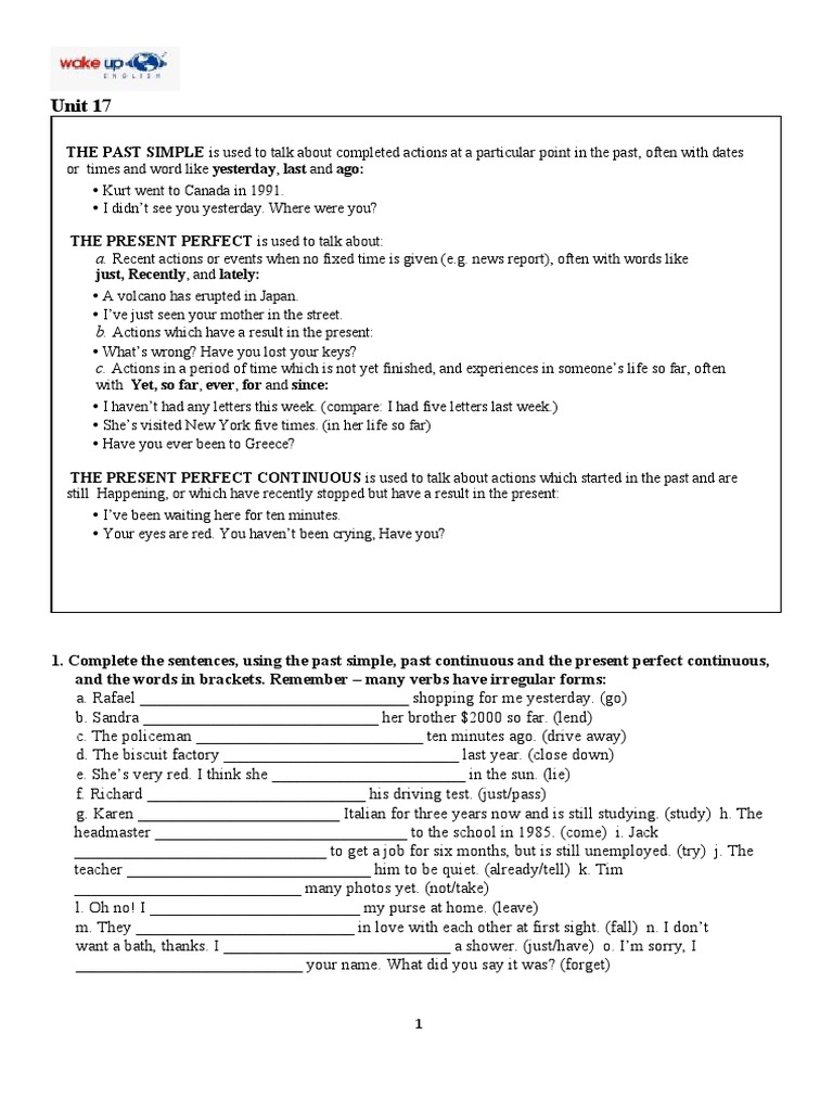Wake Up English Assignments Unit 17 and 20 | PDF | Perfect (Grammar)