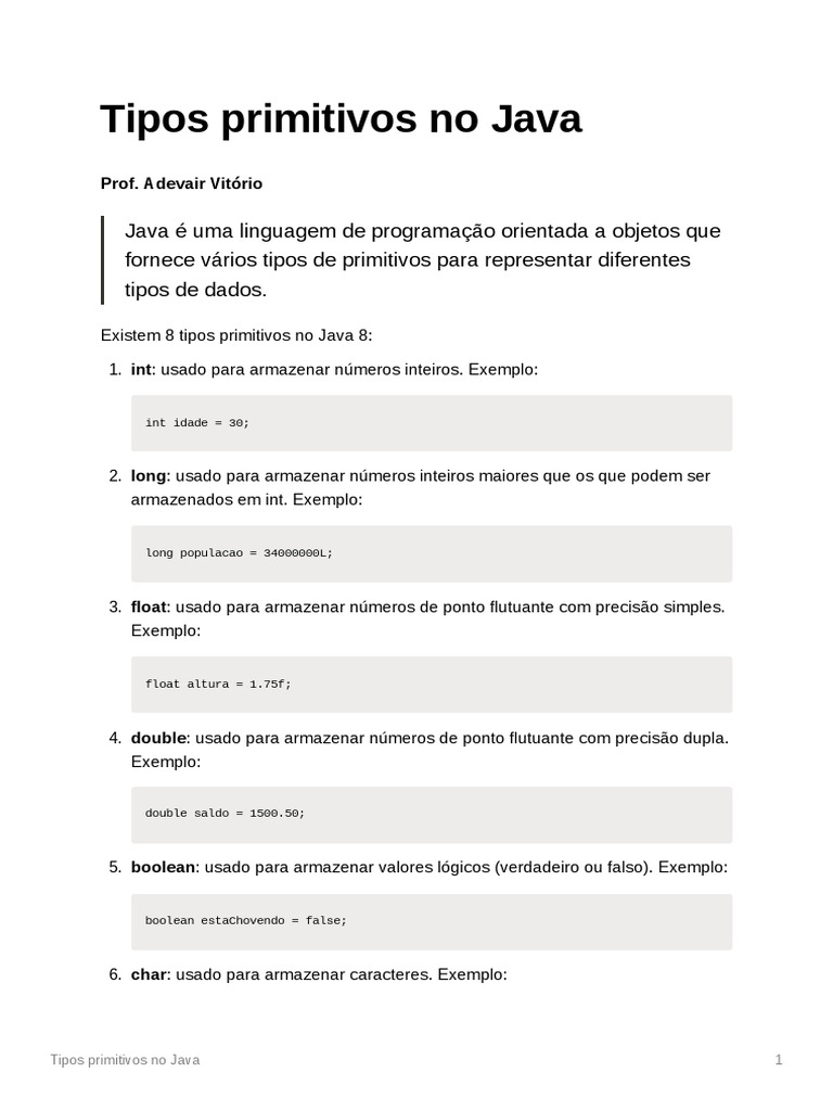 Tipos Primitivos No Java | PDF | Tipo de dado booleano | Tipo de dados
