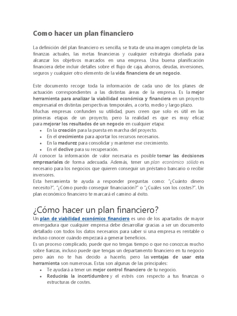 Como Hacer Un Plan Financiero | PDF | Presupuesto | Economias