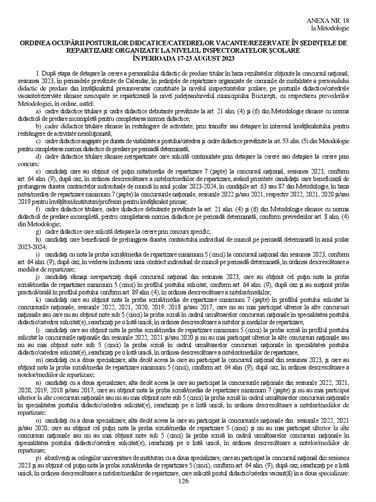 Anexa 18 - Ordinea Ocuparii Posturilor in Sedintele de Repartizxare Din 17 - 23 August 2022 | PDF