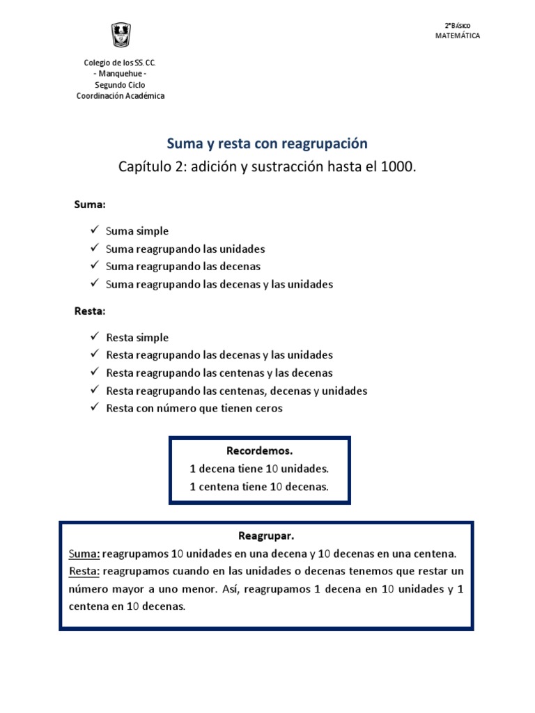 Suma y Resta Con Reagrupacion | PDF