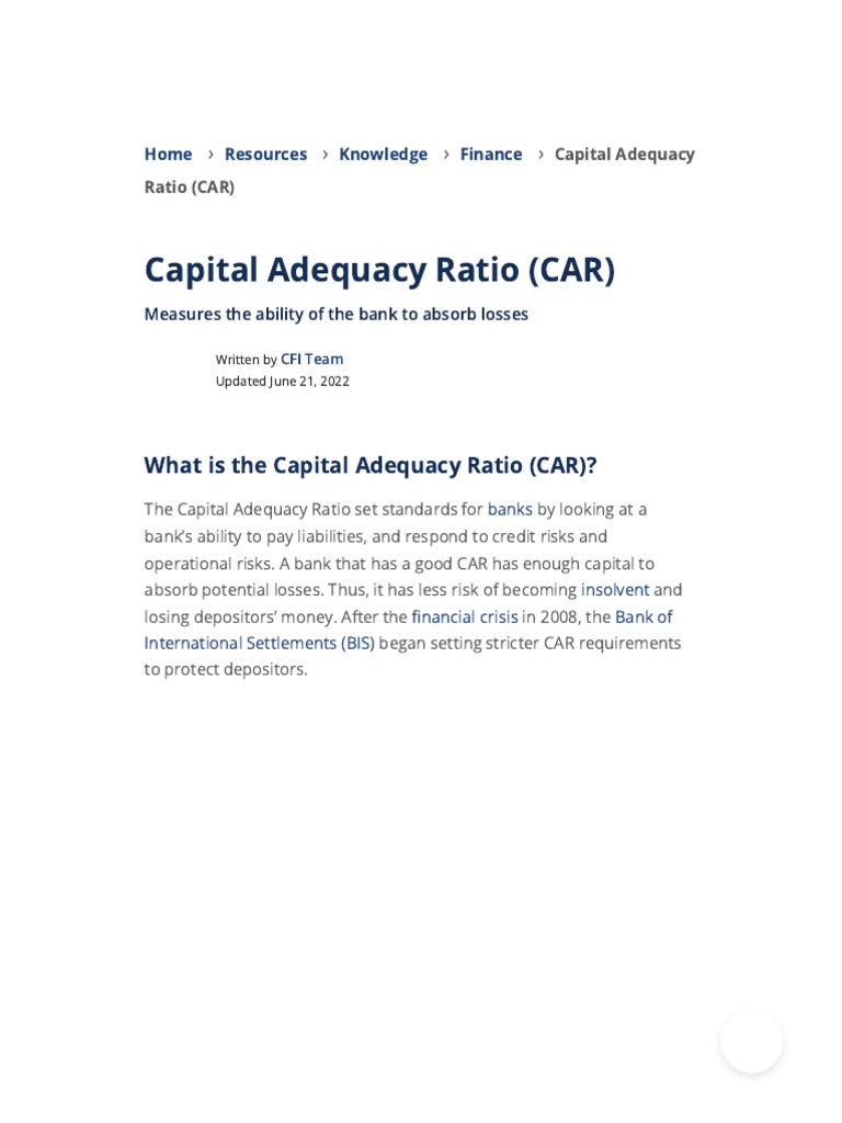 Capital Adequacy Ratio (CAR) - Overview and Example | PDF | Capital Requirement | Capital ...