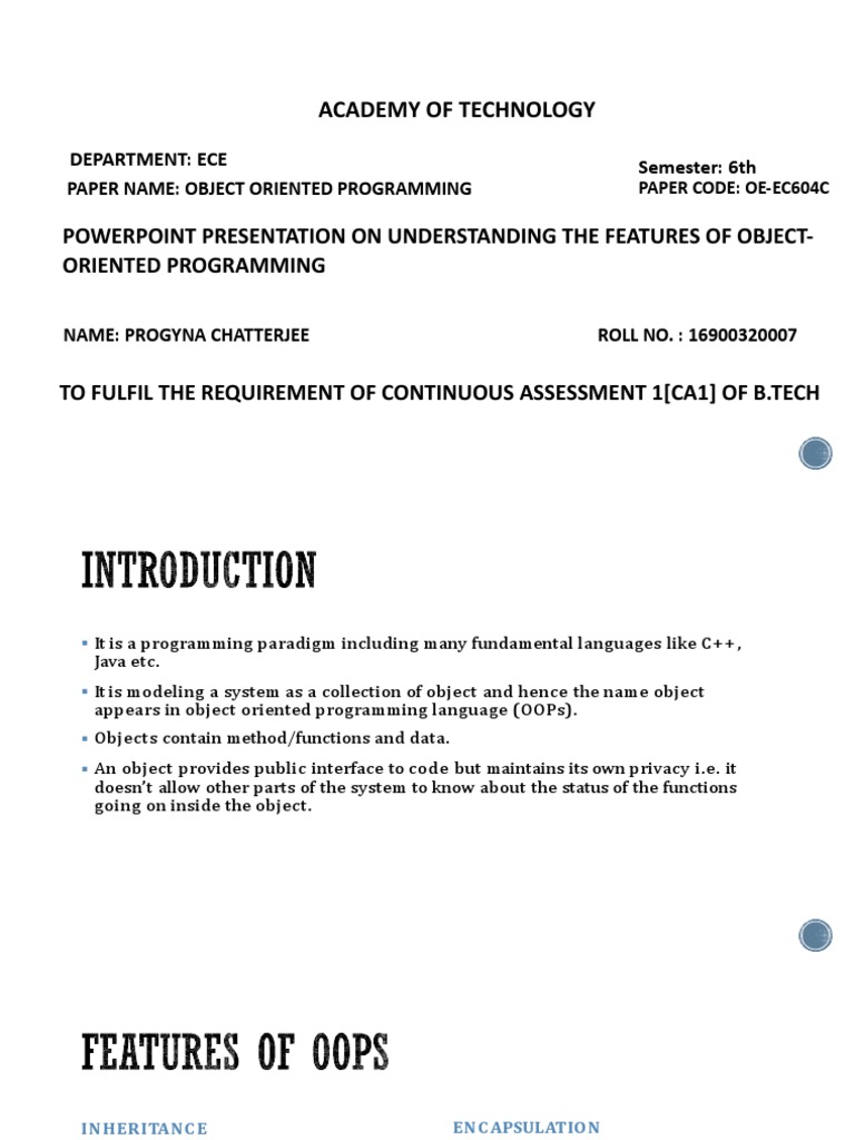 Academy of Technology: Powerpoint Presentation On Understanding The Features of Object-Oriented ...