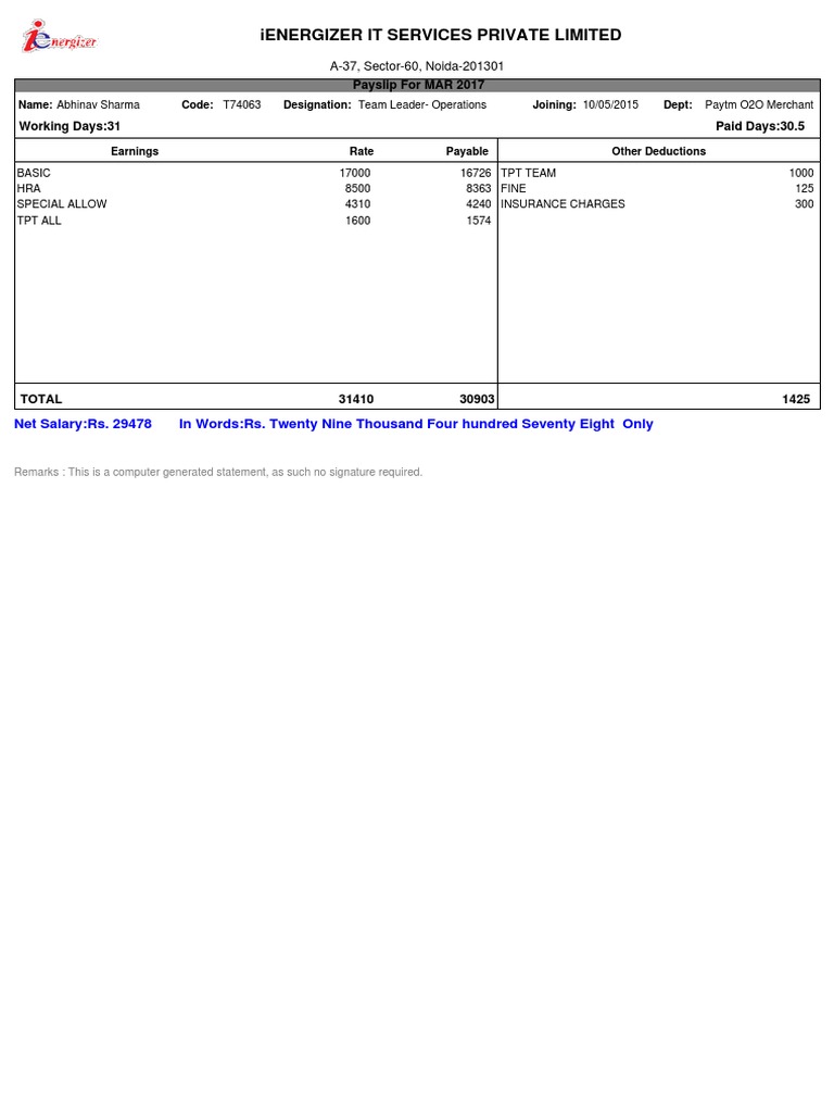 Ienergizer It Services Private Limited: A-37, Sector-60, Noida-201301 | PDF