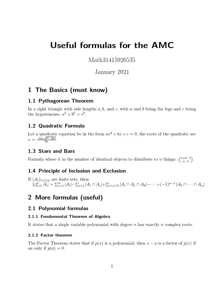 Formulas Useful For The AMC 10 and AMC 12 | PDF | Mathematics | Abstract Algebra