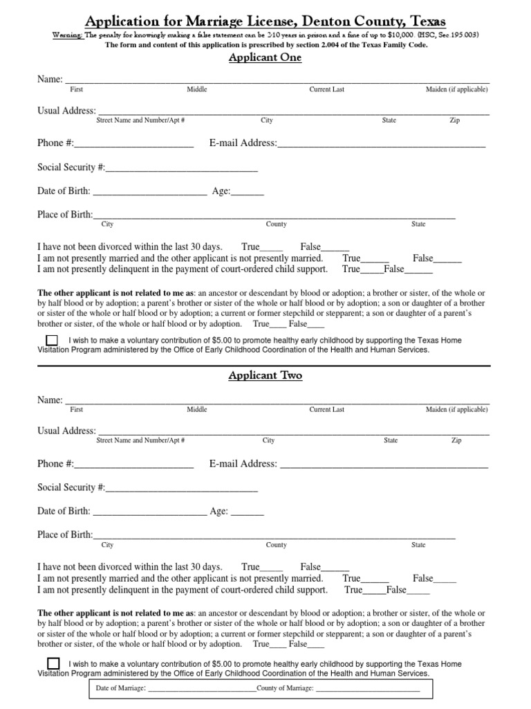 Denton County Marriage License Application | PDF | Identity Document ...