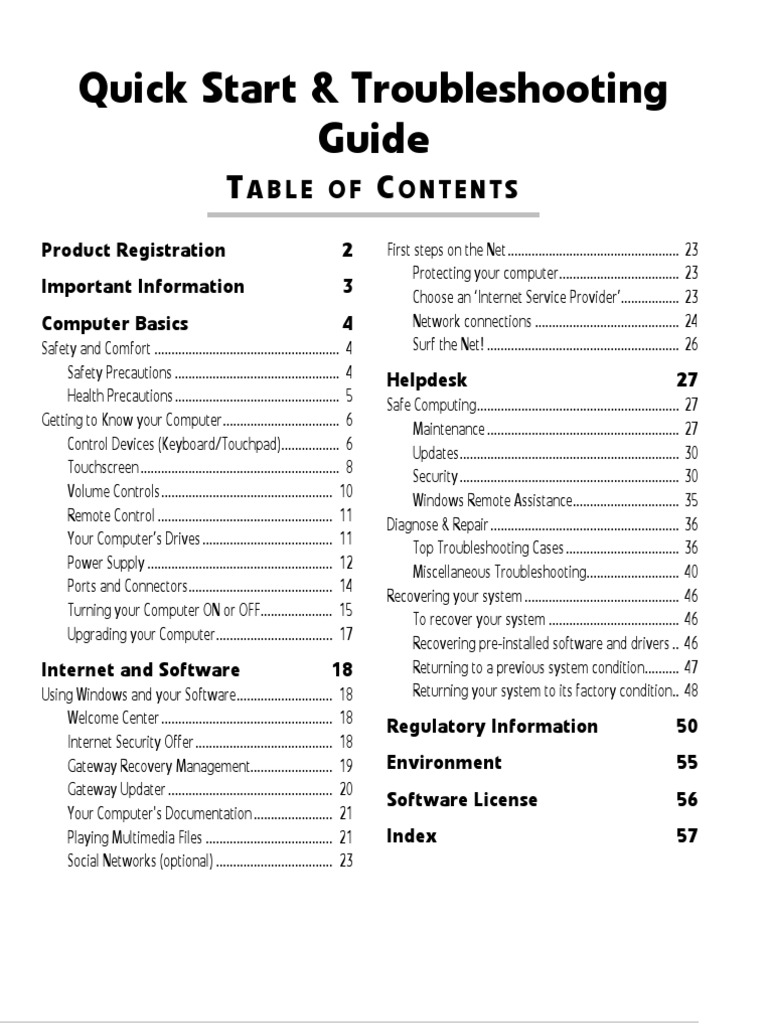 Quick Start & Troubleshooting Guide: Able OF Ontents | PDF | Computer ...