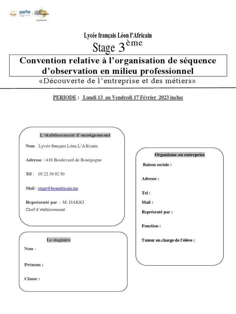 Convention de Stage 3e - 2023 | PDF