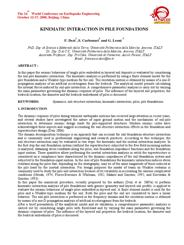 Dezi, Carbonari& Leoni KINEMATIC INTERACTION IN PILE FOUNDATIONS | PDF | Finite Element Method ...