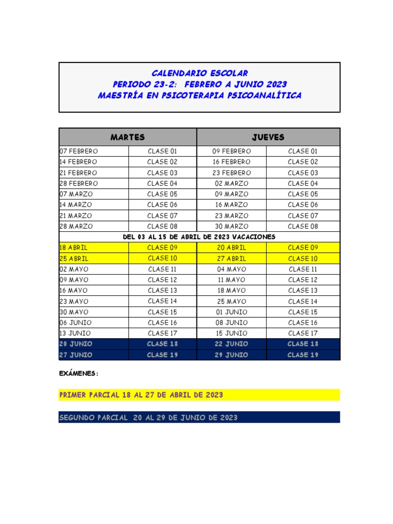 CALENDARIO - MARTES A JUEVES | PDF