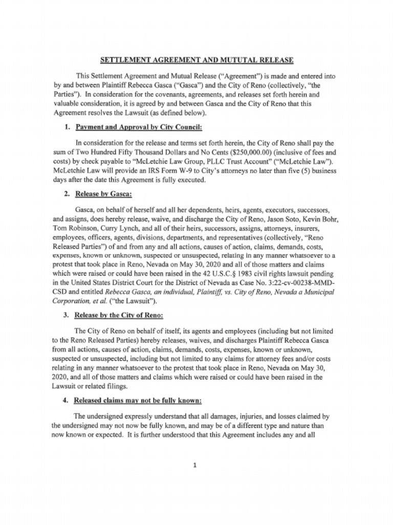 Rebecca Gasca v. City of Reno Settlement Agreement | PDF