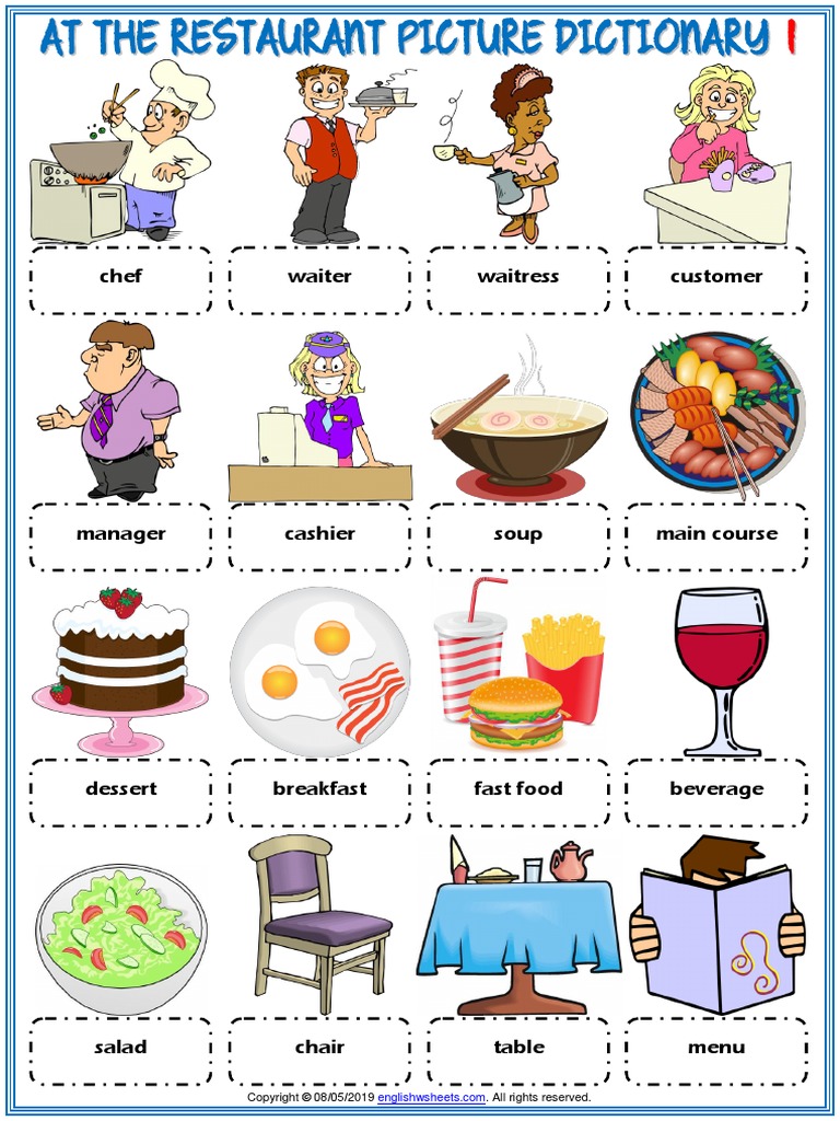 Restaurant Vocabulary Esl Picture Dictionary Worksheets For Kids | PDF