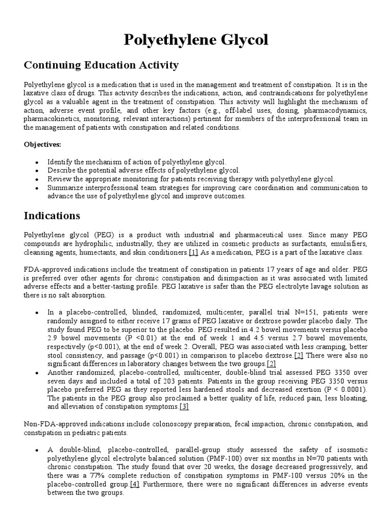 Polyethylene Glycol: Continuing Education Activity | PDF | Polyethylene Glycol | Constipation
