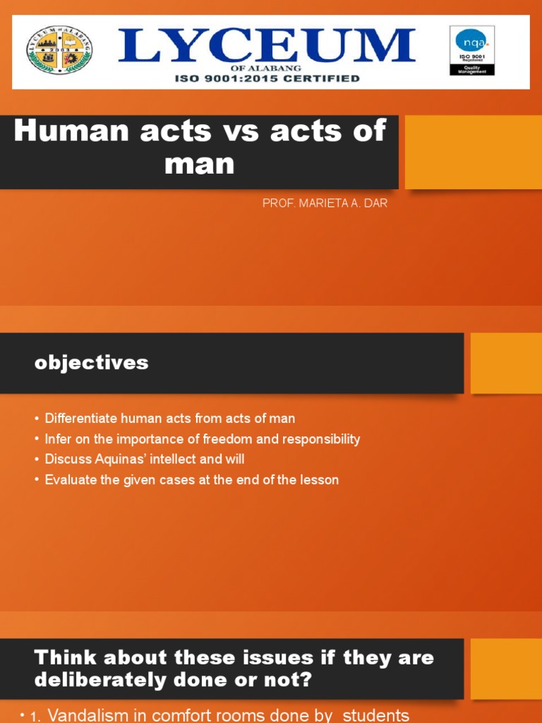 LESSON 2 ETHICS Human Acts Vs Acts of Man | PDF | Free Will | Reason