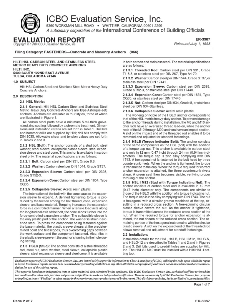 ICBO Evaluation Service, Inc | PDF | Nut (Hardware) | Screw