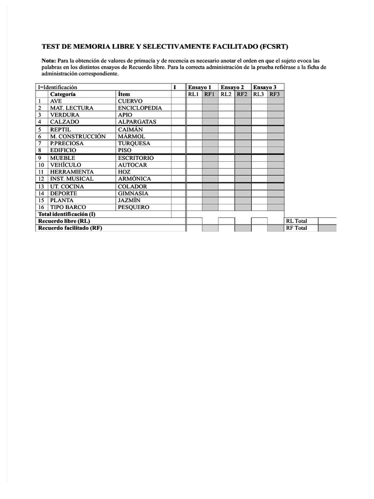 FCSRT | PDF | Métodos y materiales de enseñanza