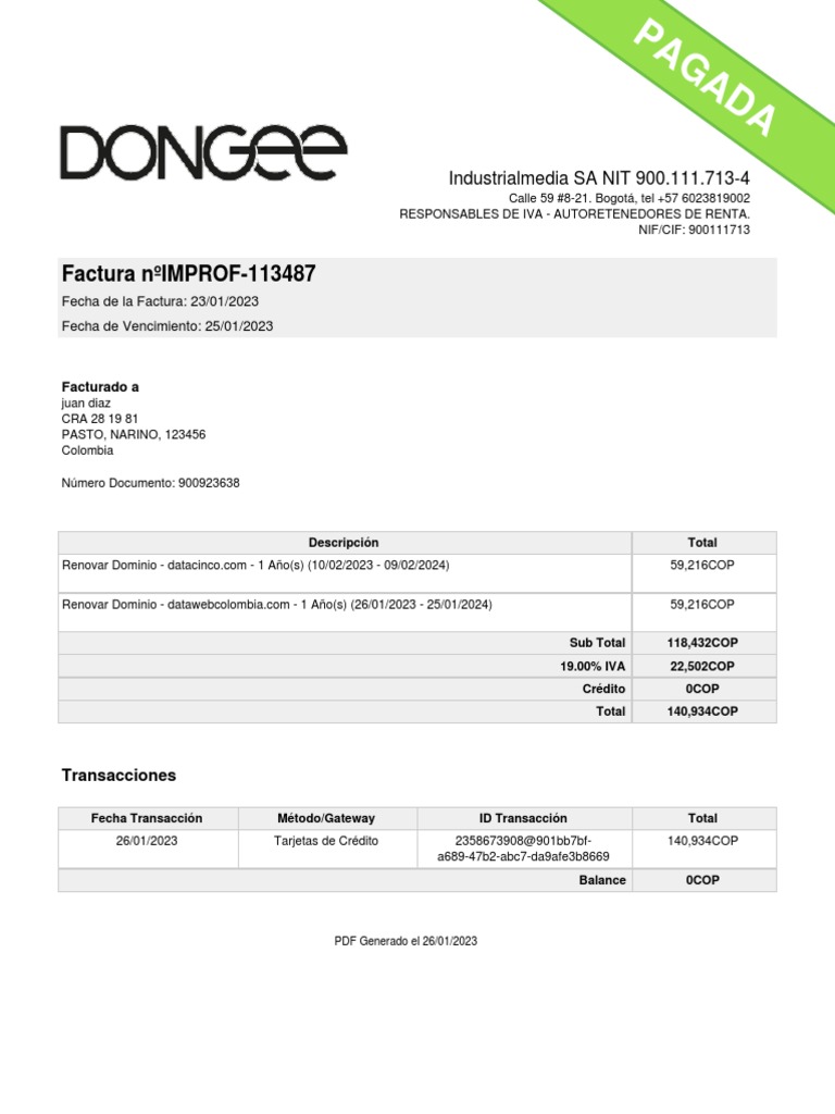 Factura de renovación de dominios web para Industrialmedia SA | PDF | Tecnología bancaria | Pagos