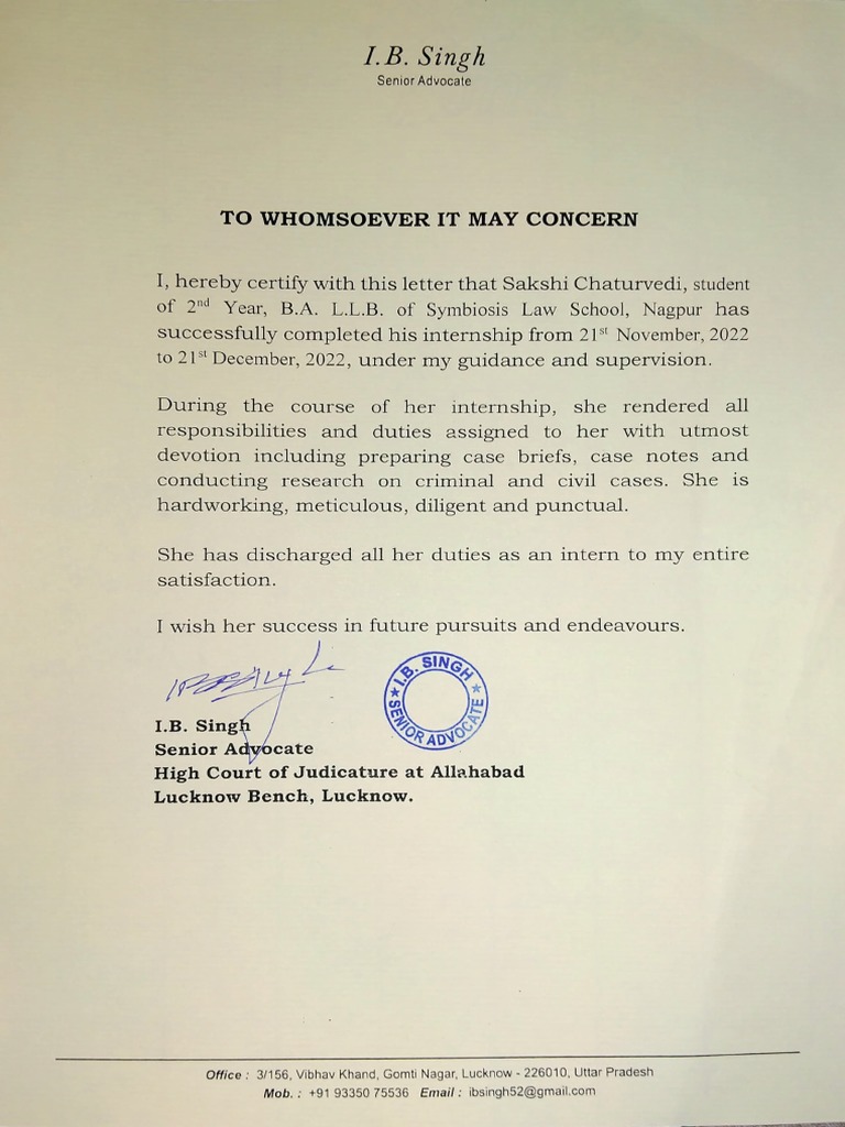 1.B. Singh: 1, Hereby Certify With This Letter That Sakshi Chaturvedi ...