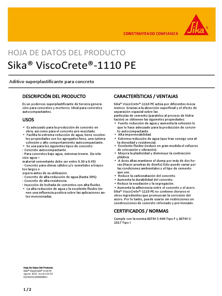 Sika Viscocrete - 1110pe | PDF | Hormigón | Cemento