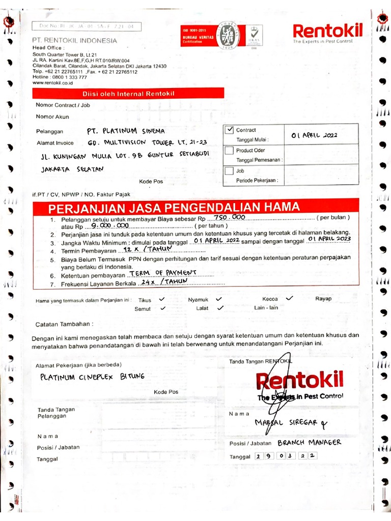 Perjanjian Jasa Pengendalian Hama Rentokil | PDF