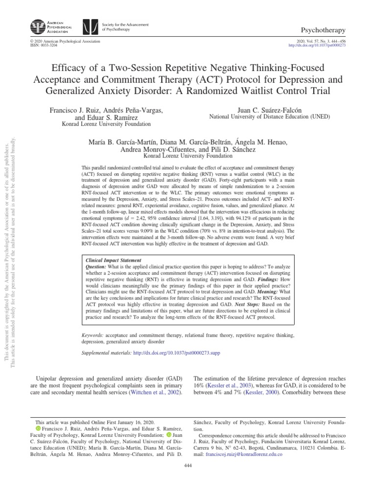 Efficacy of A Two-Session Repetitive Negative Thinking-Focused | Download Free PDF | Generalized ...