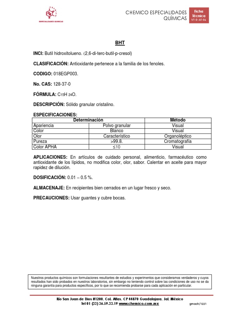 Ficha Técnica de BHT en Chemico | PDF