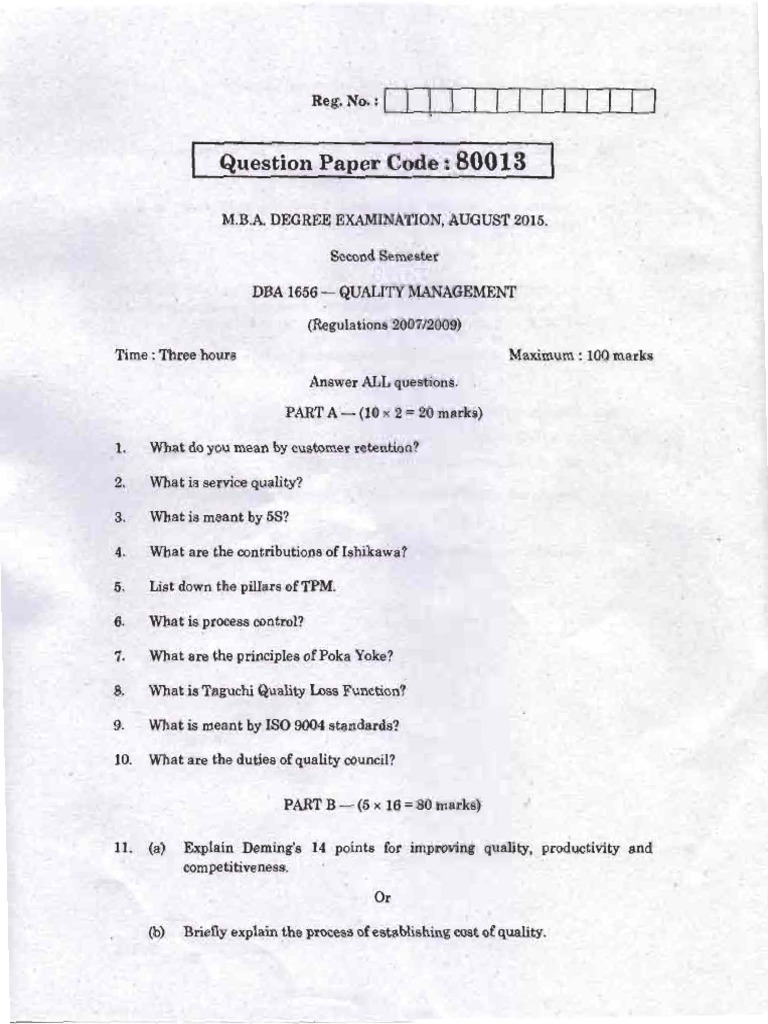 Total Quality Management Question Papers of MBA 1 | PDF