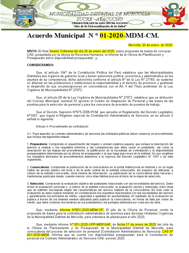 Bases Concurso CAS 2020 Morcolla | PDF | Gobierno local | Presupuesto