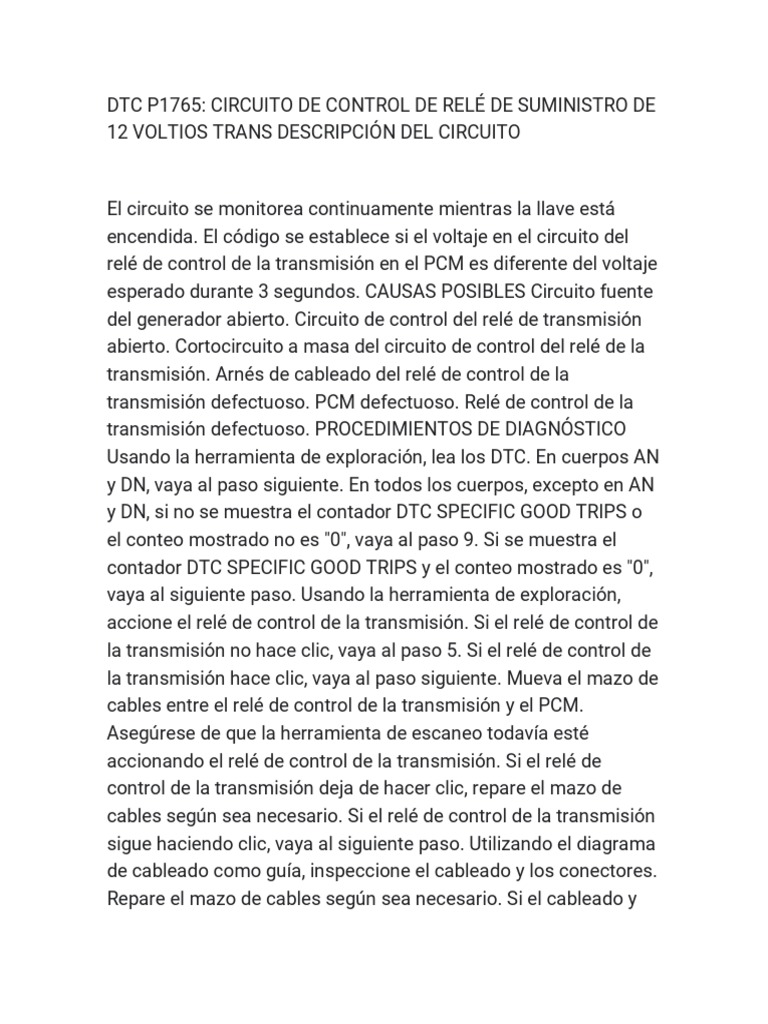 DTC p1765 Circuito de Control de Relé de Suministro de 12 Voltios Trans ...