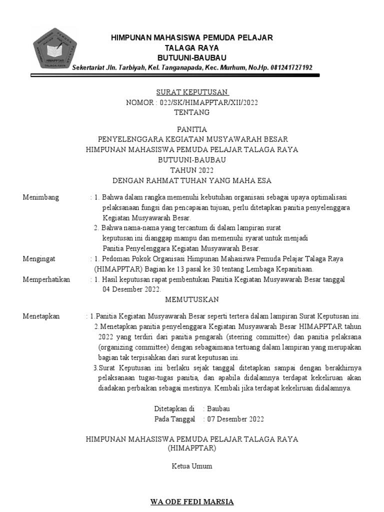 SK Kepanitian Kegiatan Mubes 2022 | PDF