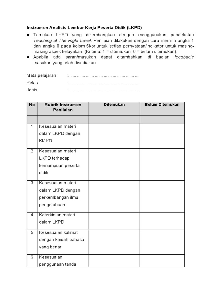 Instrumen Analisis Lembar Kerja Peserta Didik (LKPD) | PDF