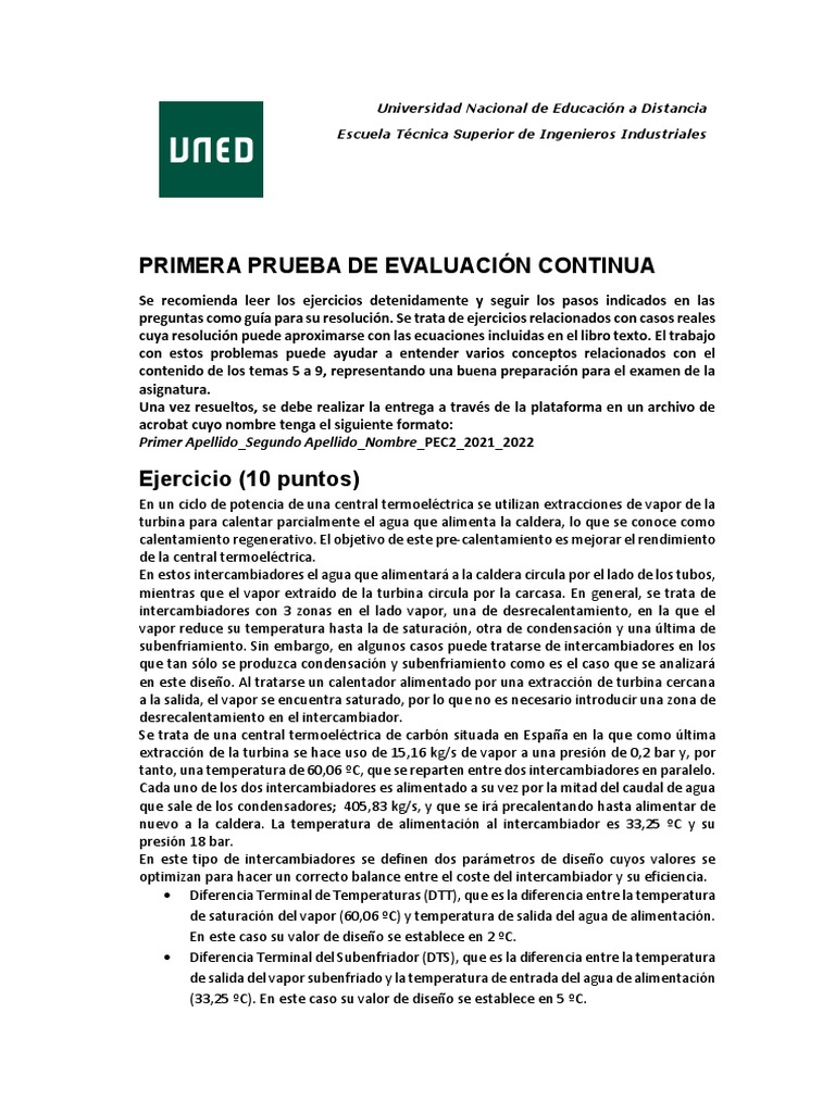 PEC2 2021 2022 Solución | PDF | Intercambiador de calor | Vapor