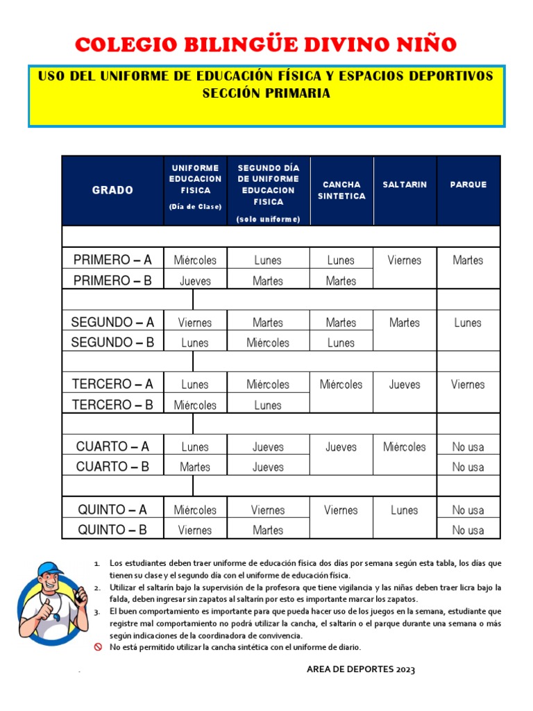 Horario para Uniforme de Educación Física y Espacios Deportivos 2023 | PDF